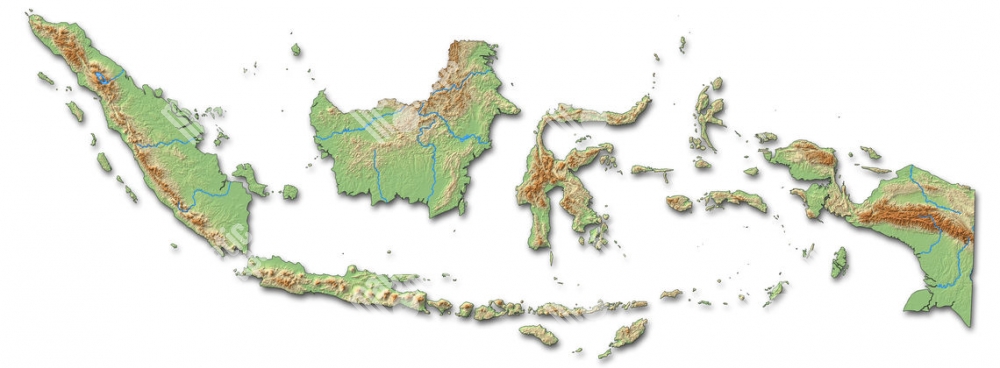 Magnetická mapa Indonesie, geografická, reliéfní