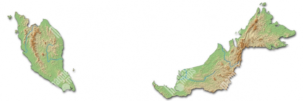 Magnetická mapa Malajsie, geografická, reliéfní
