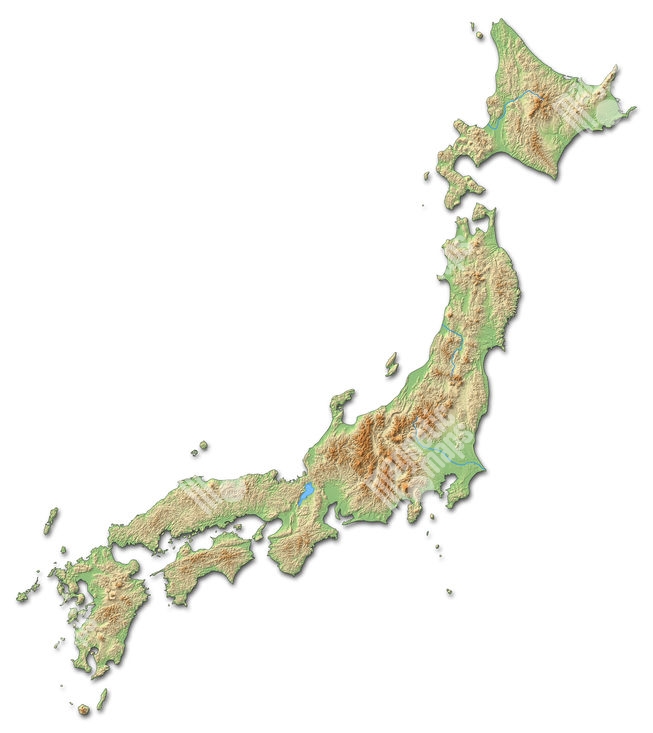 Magnetická mapa Japonska, geografická, reliéfní