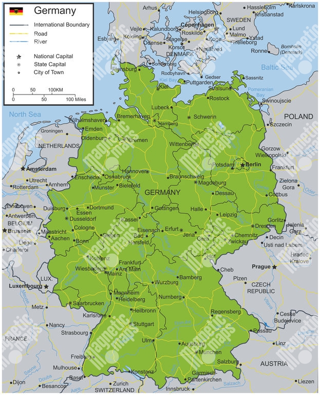 Magnetická mapa Německa, politická, zelená