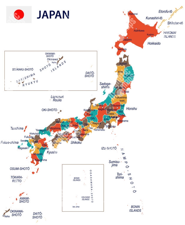 Magnetická mapa Japonska, administrativní, barevná