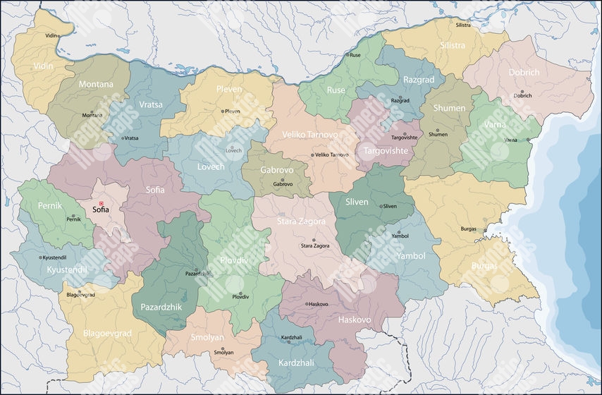 Magnetická mapa Bulharska, administrativní, barevná