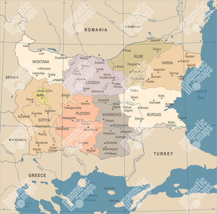 Magnetická mapa Bulharska, detailní, barevná