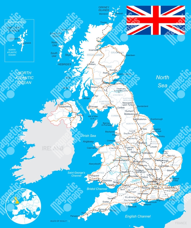 Magnetická mapa Velké Británie, silnice, modrá