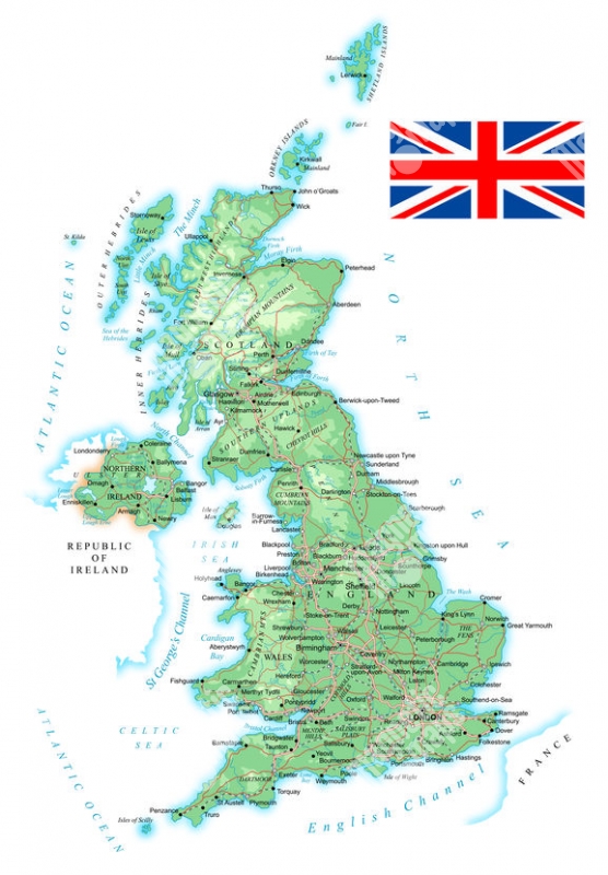 Magnetická mapa Velké Británie, detailní, barevná