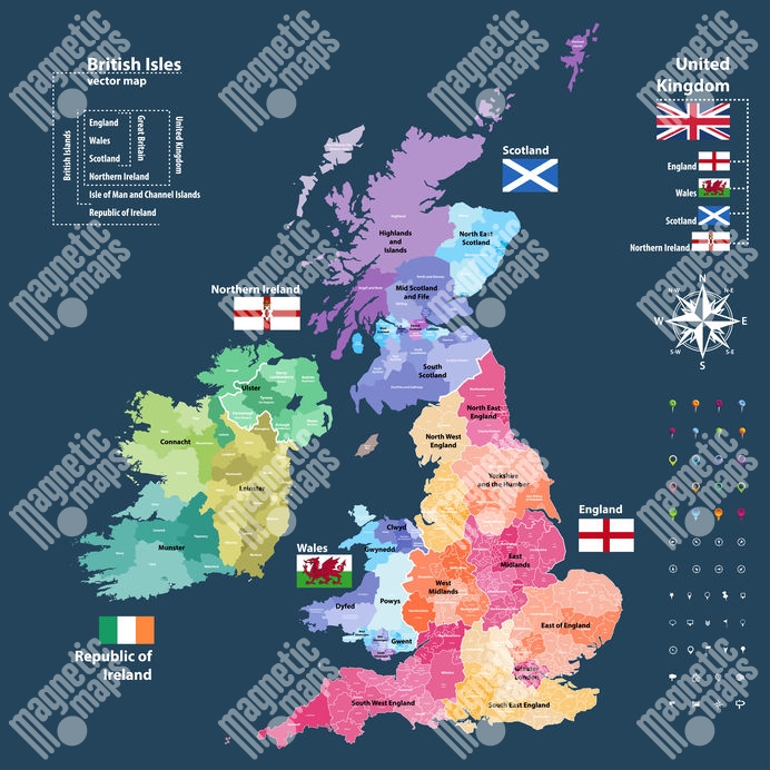 Magnetická mapa Velké Británie, administrativní, barevná