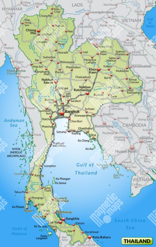 Magnetická mapa Thajska, silnice, zelená