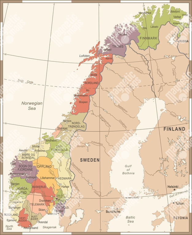Magnetická mapa Norska, ilustrovaná - rámeček, vintage