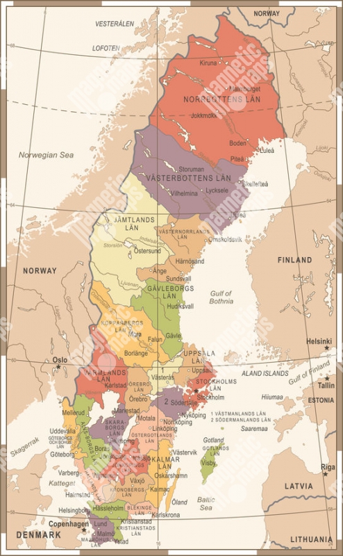 Magnetická mapa Švédska, ilustrovaná - rámeček, barevná