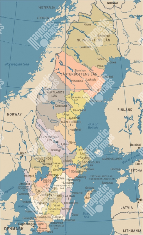 Magnetická mapa Švédska, ilustrovaná, detailní