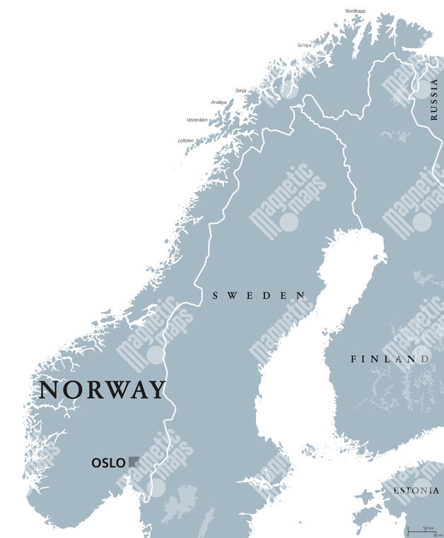 Magnetická mapa Norska, ilustrovaná, šedá