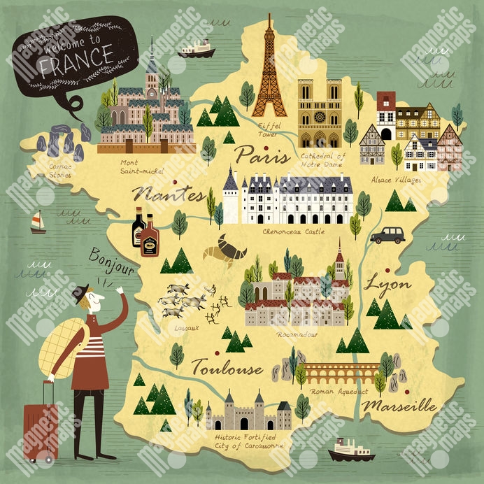 Magnetická mapa Francie, ilustrovaná, barevná