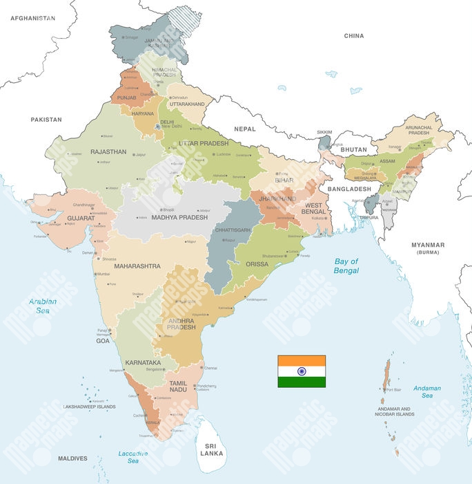 Magnetická mapa Indie, vektorová, barevná