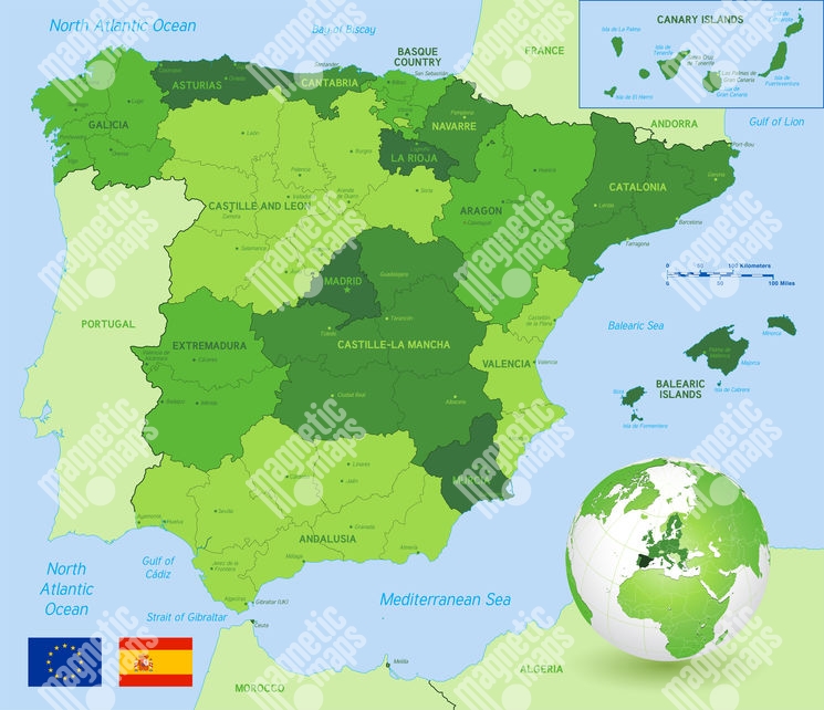Magnetická mapa Španělska, politická, zelená