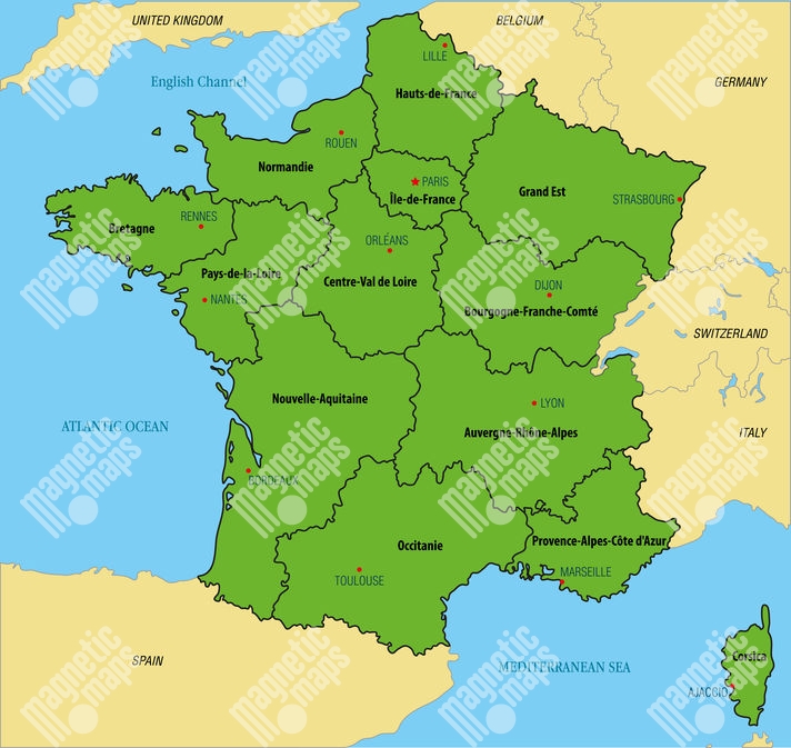 Magnetická mapa Francie, politická, zelená