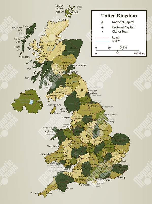 Magnetická mapa United Kingdom, ilustrovaná, zelená