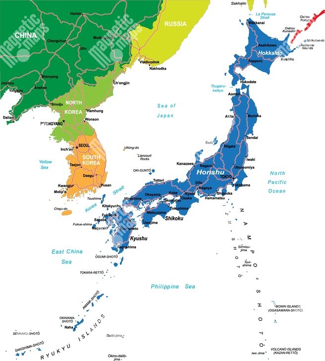 Magnetická mapa Japonska, ilustrovaná, barevná