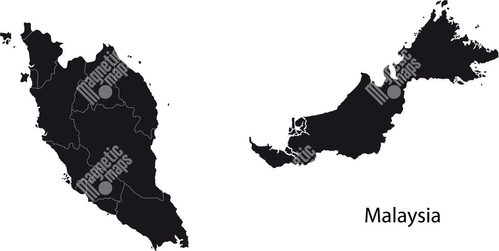 Magnetická mapa Malajsie, ilustrovaná, černá