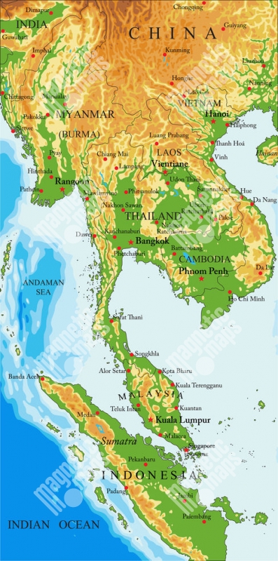 Magnetická mapa Jihovýchodní Asie, geografická, barevná