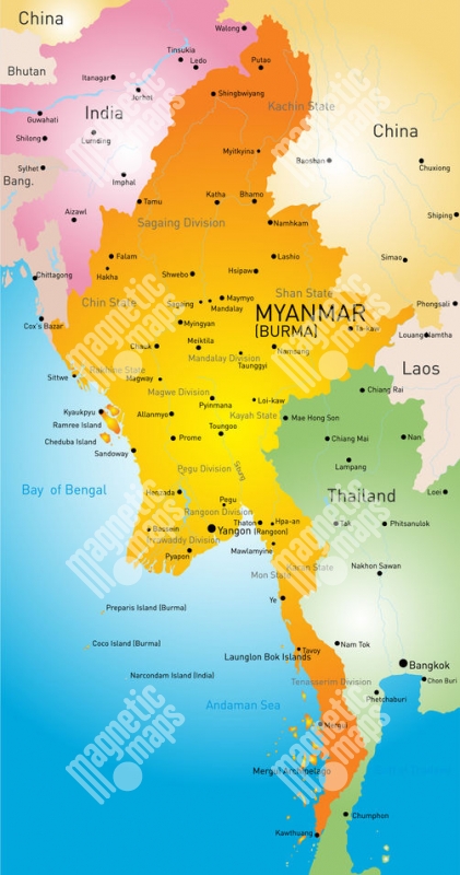 Magnetická mapa Myanmaru, ilustrovaná, barevná