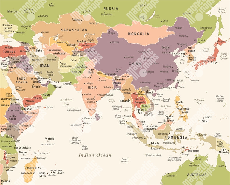 Magnetická mapa Jihovýchodní Asie, detailní, barevná