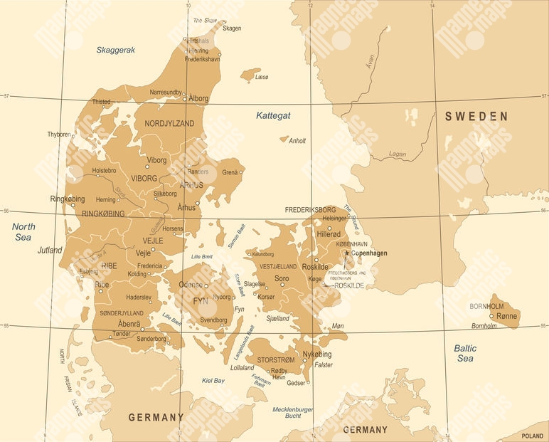Magnetická mapa Dánska, vintage, hnědá