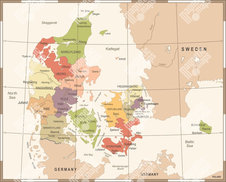 Magnetická mapa Dánska, vintage, barevná