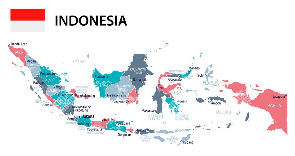 Magnetická mapa Indonesie, ilustrovaná, barevná
