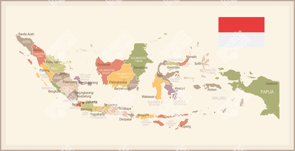 Magnetická mapa Indonesie, vintage, barevná