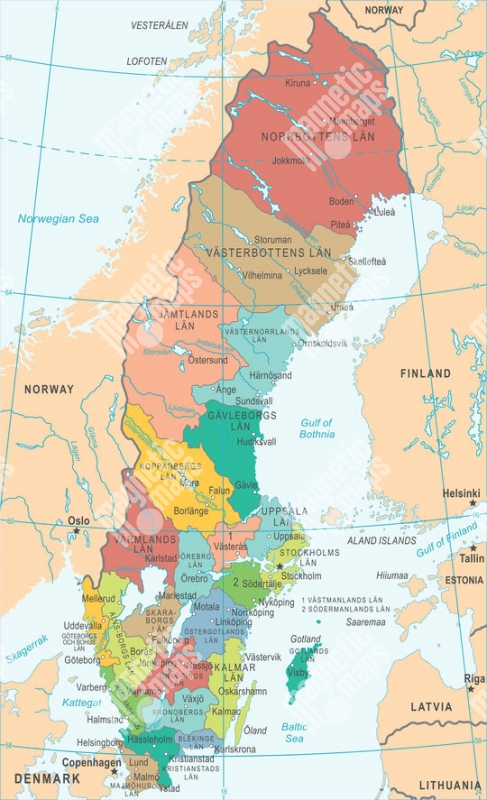Magnetická mapa Švédska, detailní, barevná