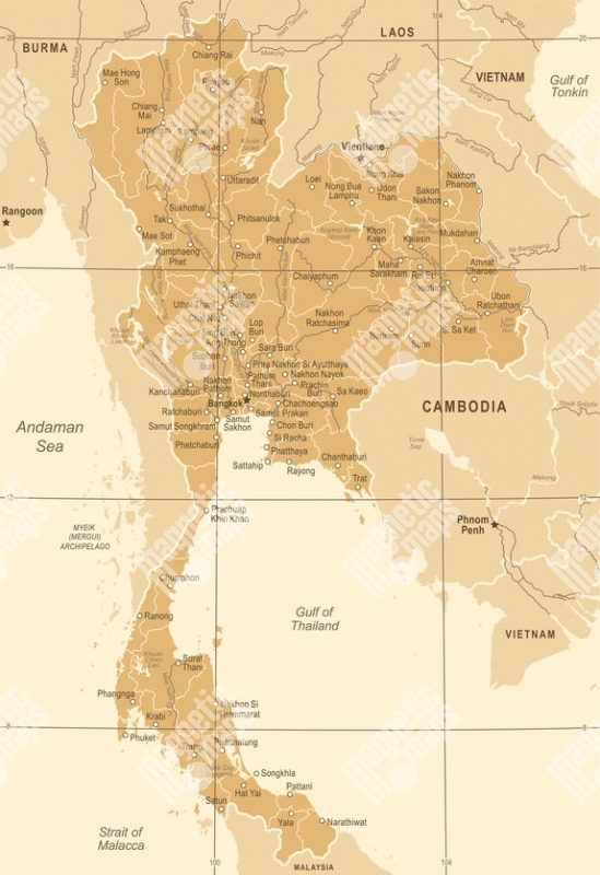 Magnetická mapa Thajska, vintage, hnědá