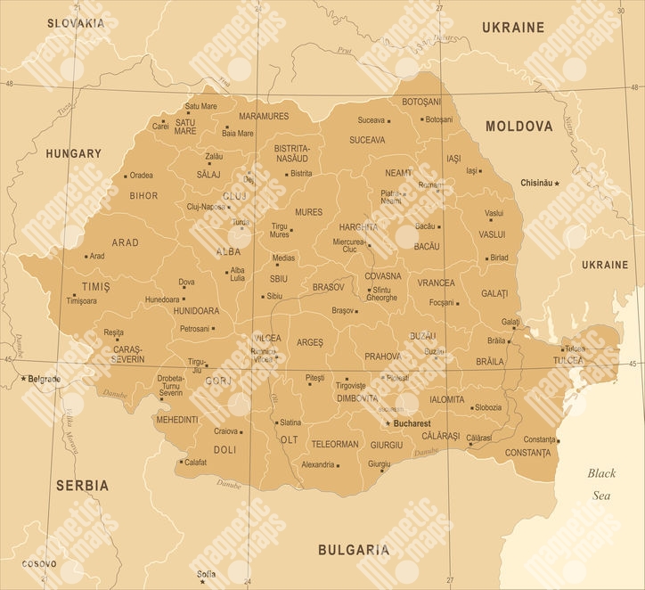 Magnetická mapa Rumunska, vintage, hnědá