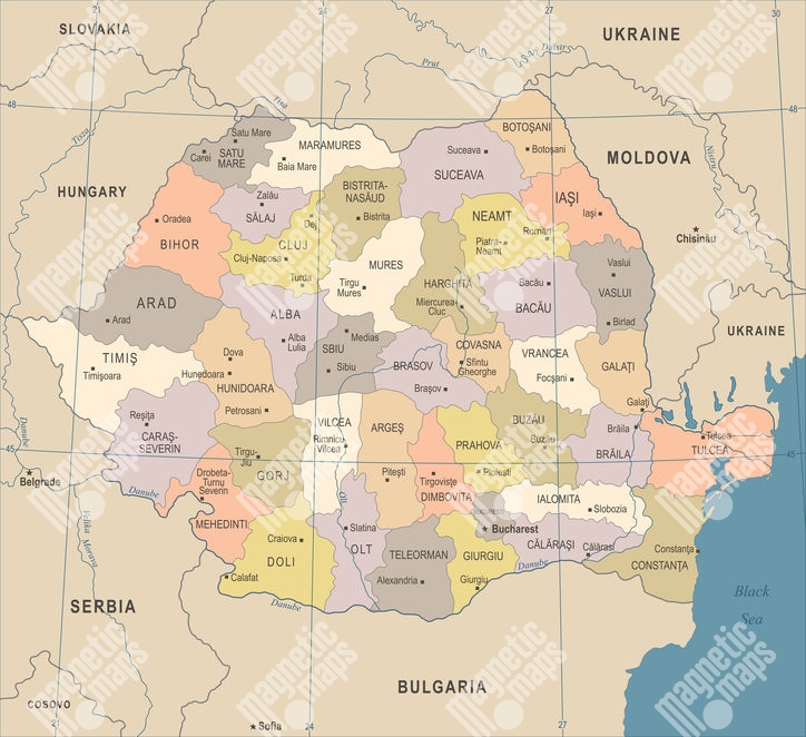 Magnetická mapa Rumunska, vintage, detailní