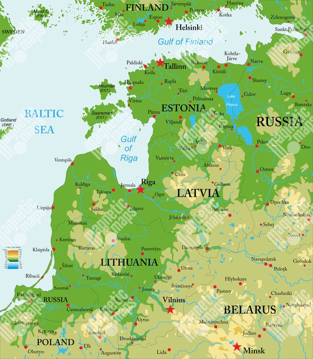 Magnetická mapa Baltu, geografická, reliéfní