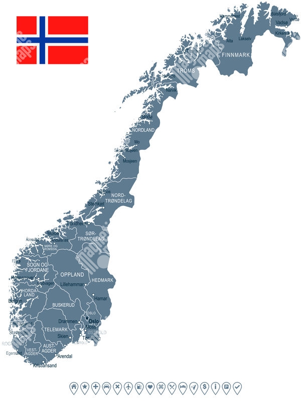 Magnetická mapa Norska, ilustrovaná, šedá