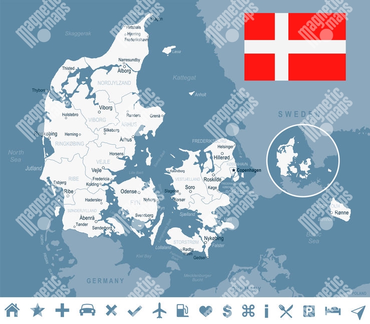 Magnetická mapa Dánska, ilustrovaná, bílo-šedá