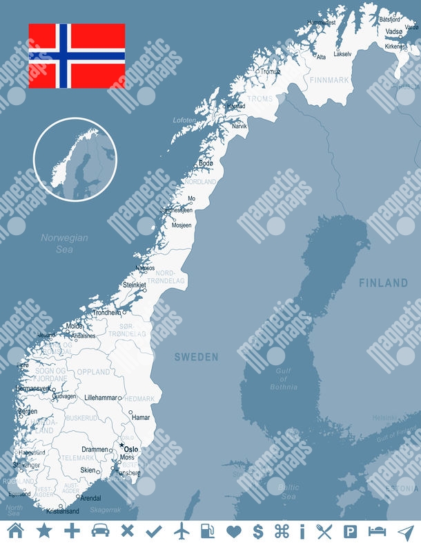 Magnetická mapa Norska, ilustrovaná, bílo-šedá