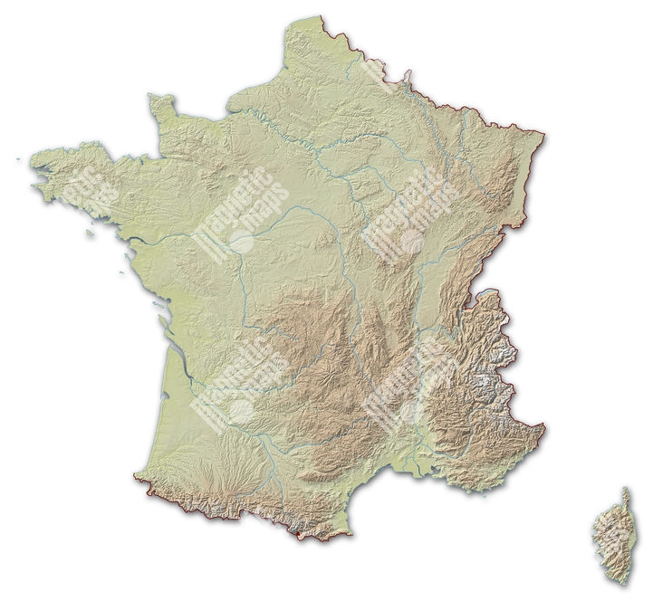 Magnetická mapa Francie, geografická, reliéfní