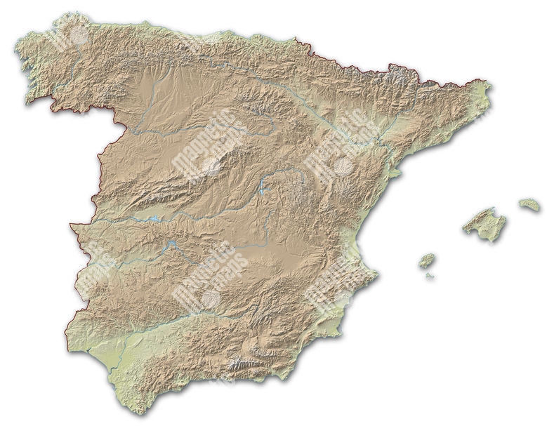 Magnetická mapa Španělska, geografická, reliéfní