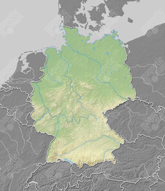 Magnetická mapa Německa, geografická, reliéfní