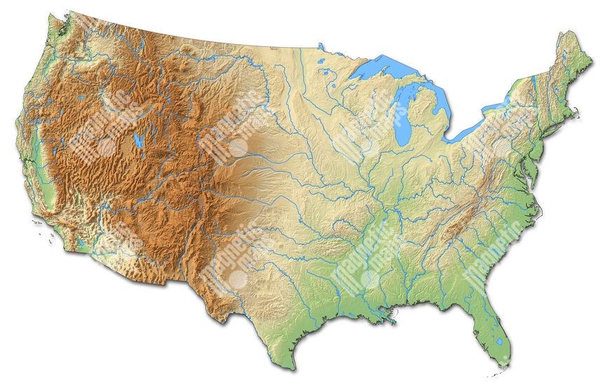 Magnetická mapa Spojených států Amerických, geografická, reliéfní
