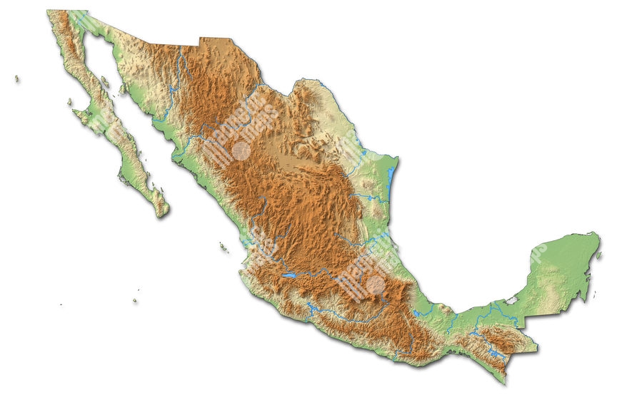 Magnetická mapa Mexika, geografická, reliéfní