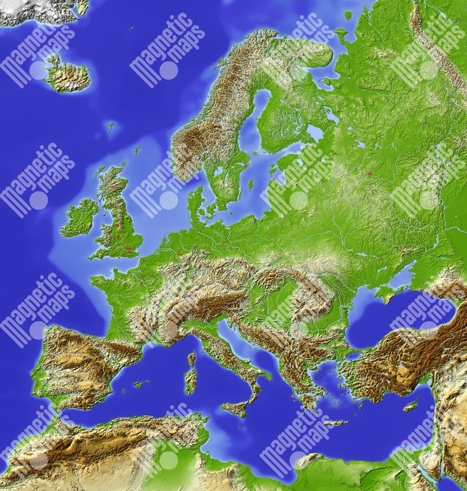 Magnetická mapa Evropy, geografická, reliéfní