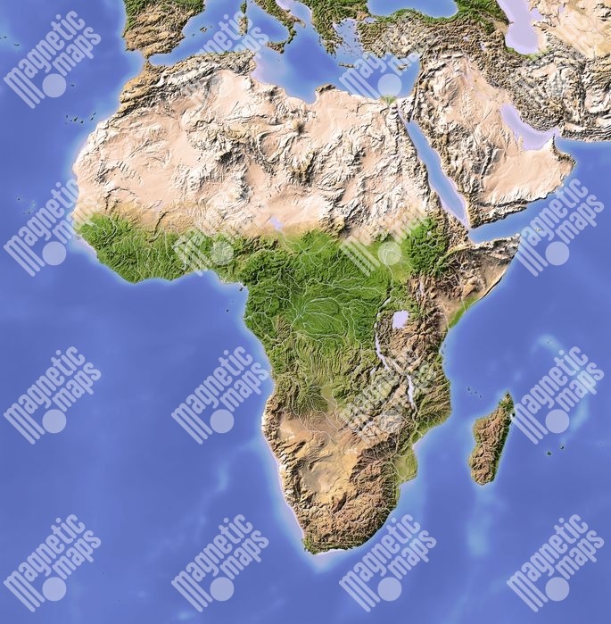 Magnetická mapa Afriky, geografická, reliéfní