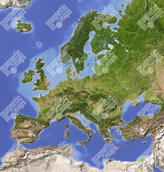 Magnetická mapa Evropy, geografická, reliéfní