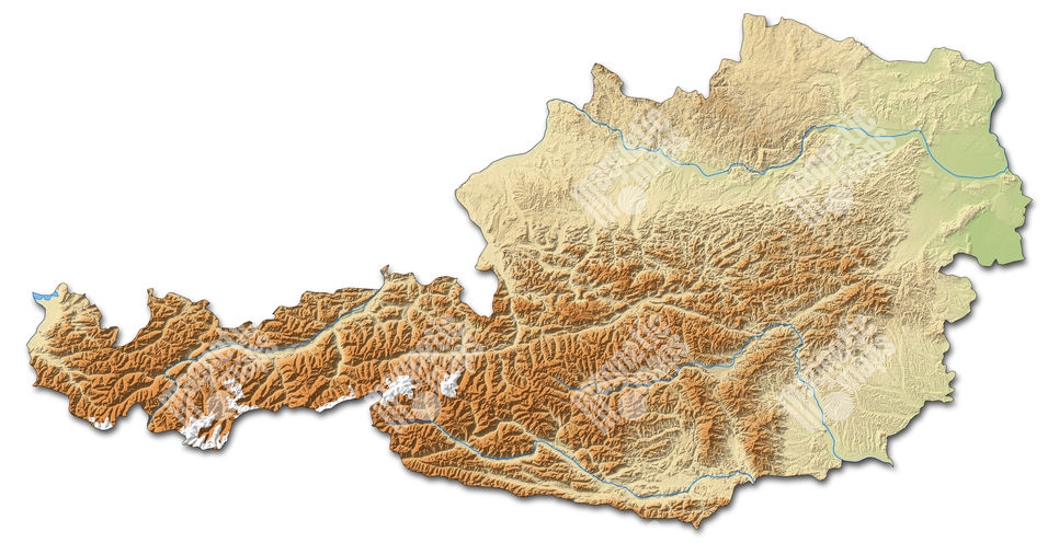 Magnetická mapa Rakouska, geografická, reliéfní