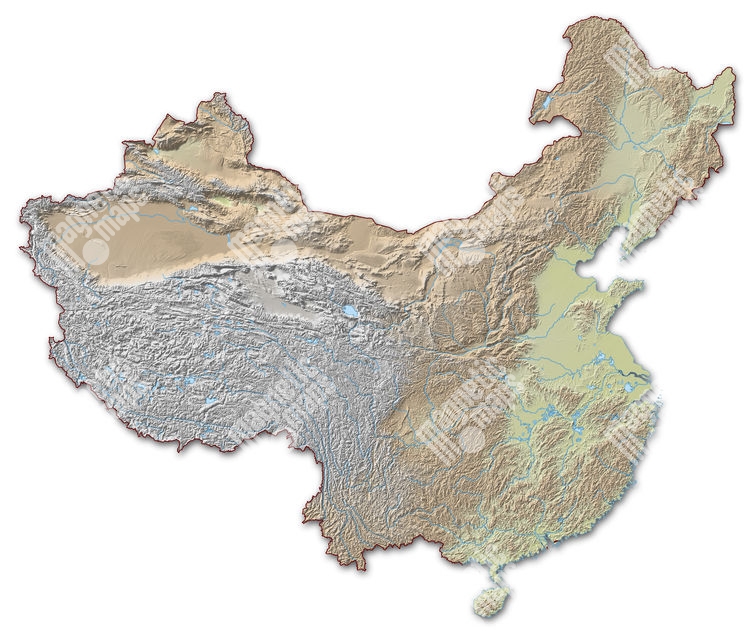 Magnetická mapa Číny, geografická, reliéfní