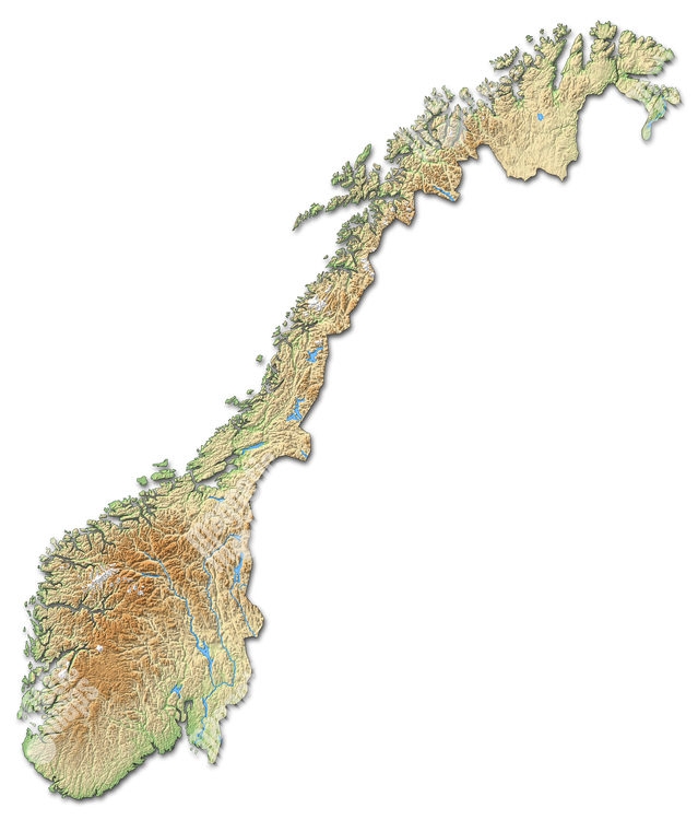 Magnetická mapa Norska, geografická, reliéfní