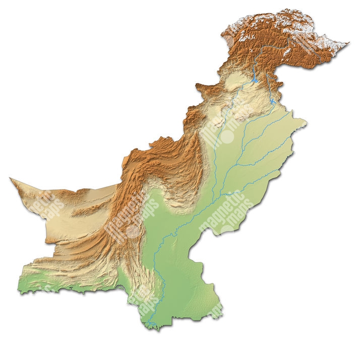 Magnetická mapa Pakistánu, geografická, reliéfní