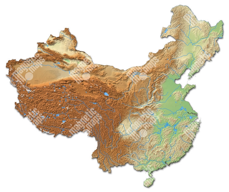 Magnetická mapa Číny, geografická, reliéfní